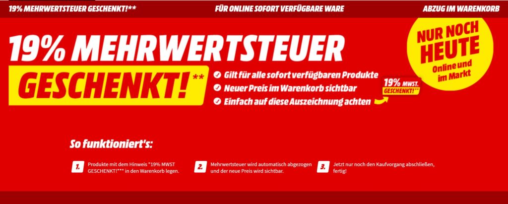 "Mehrwertsteuer geschenkt" - Heute 19% Rabatt auf viele Produkte bei MediaMarkt und Saturn ...
